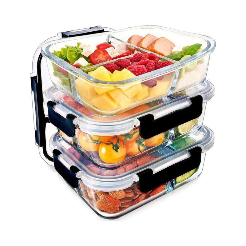 HOUSZY Set of 3 Borosilicate Glass Meal Prep Containers – 3 Compartment ...