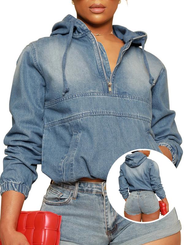 查看[USBoutique Chic [S-5XL] Women's Half Zip Denim Hoodie Pullover ...