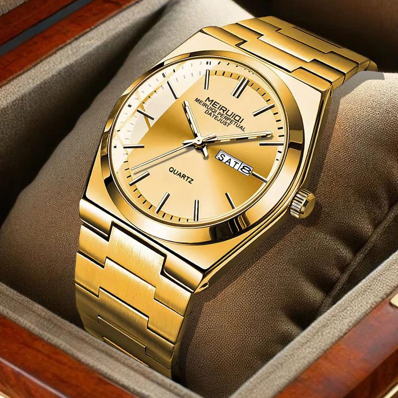 MEIRUIQI Luxury Quartz Watch Men's Gold Stainless Steel Wristwatch with ...