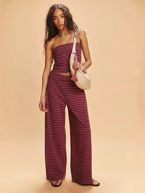 Women's Striped Print Crop Tube Top & Wide Leg Pants Set, Street ...