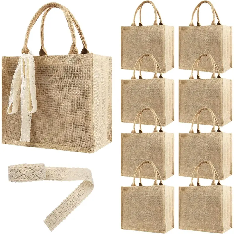 查看[8 count Burlap Tote Bags Bulk, Jute Tote Bag with 10Yd Ribbon Blank ...