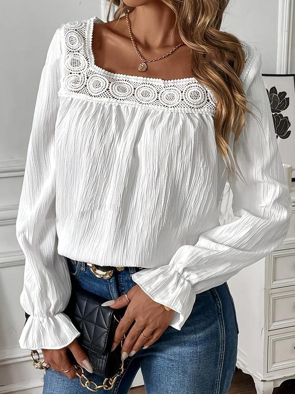 Women's Plain Contrast Lace Flounce Sleeve Blouse, Casual Chic ...