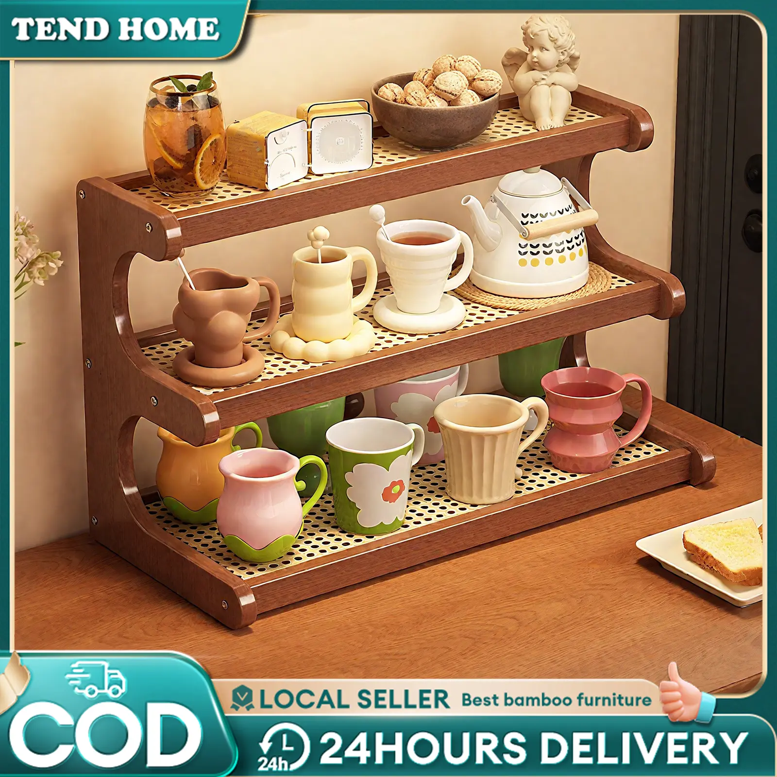 Rak Meja 2/3Layers Rak Cawan Rak Dapur Kayu Tumbler Rack Storage Wooden ...