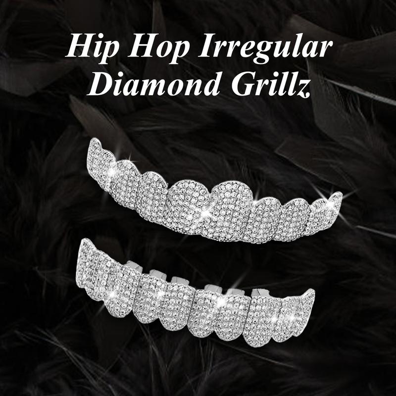 Hip Hop 2 pcs/set Silver Cubic Zirconia Grillz - 10 Teeth Adjustable ...