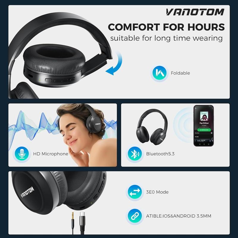 VANOTOM Wireless Headphone, Foldable Bluetooth Headphones Over Ear ...