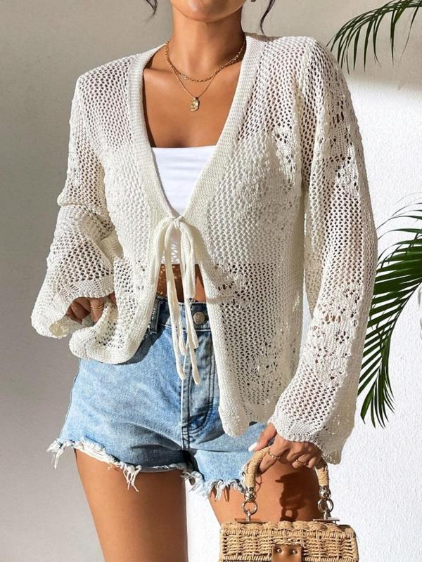 Women's Plain Sheer Tie Front Knitting Sweater Cardigan, Basic Long ...