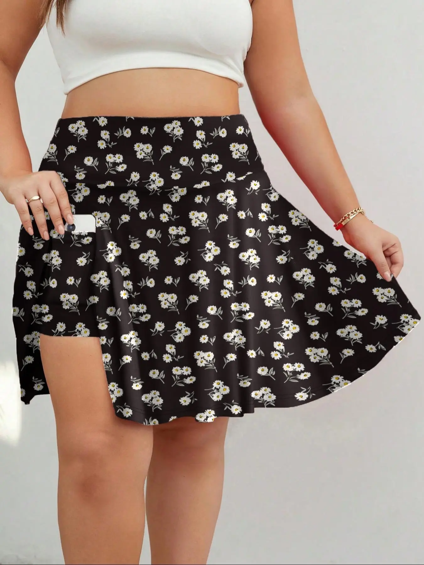 【Plus Size】Solid / Ditsy Floral Print Pocket Design Skort, Fashion ...
