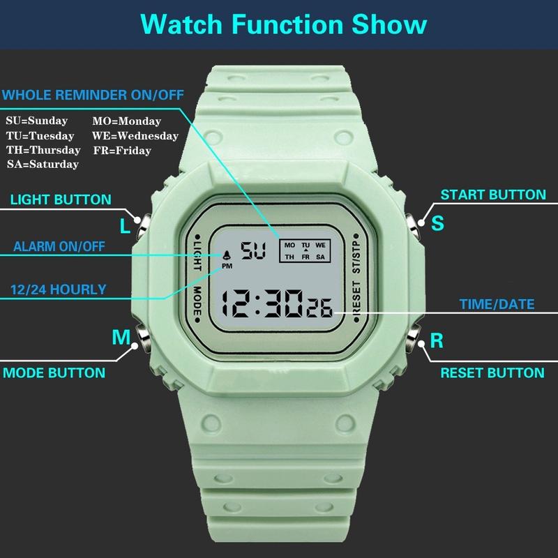 Simple LED Waterproof Watch Fashion New Matcha Green Square Watch ...