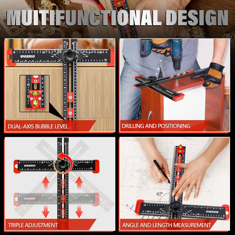 Sigerio 4 in 1 Adjutable 4 in 1 Drilling Positioning Ruler Tool, 14in T ...