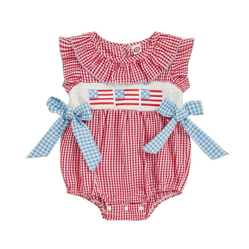 4th of July Baby Girl Outfits Newborn USA Flag Embroidery Smocked Plaid Bubble Romper Peter Pan ...