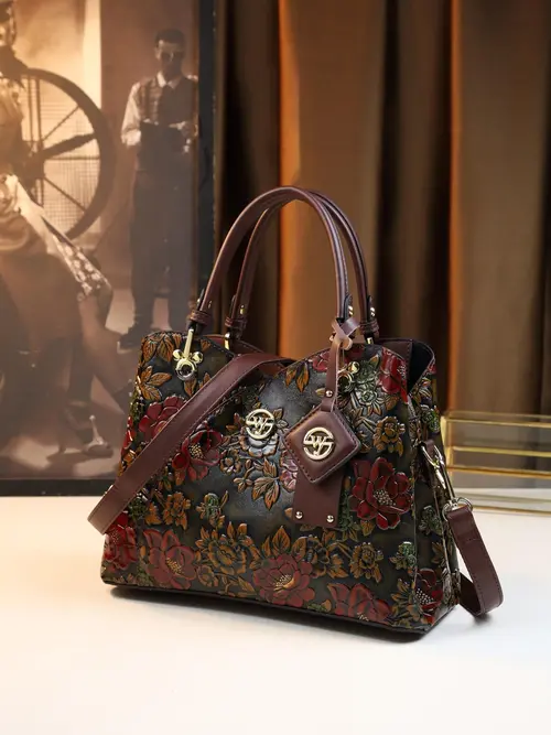 Women's Elegant Floral Embossed Handbag, PU Leather Satchel, Vintage ...