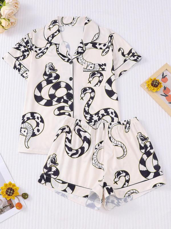 Women's Snake Print Shirt & Elastic Waist Shorts Pajama Two-piece Set ...