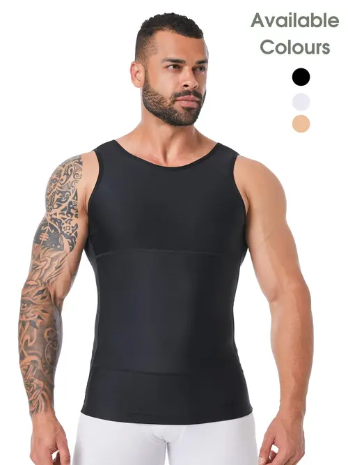 Men's Solid Color Compression Top, Tummy Control Shaper, High Stretch ...