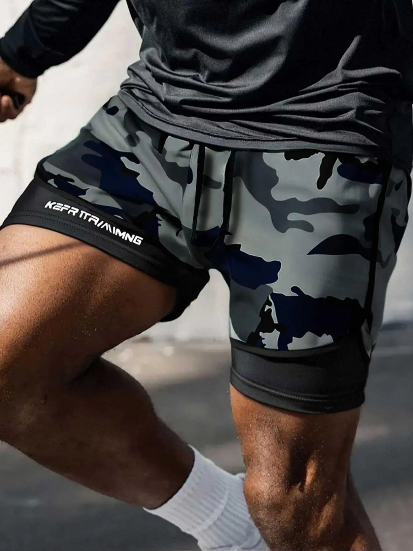 Men's Camo Print 2-in-1 Double Layer Compression Shorts, Breathable ...