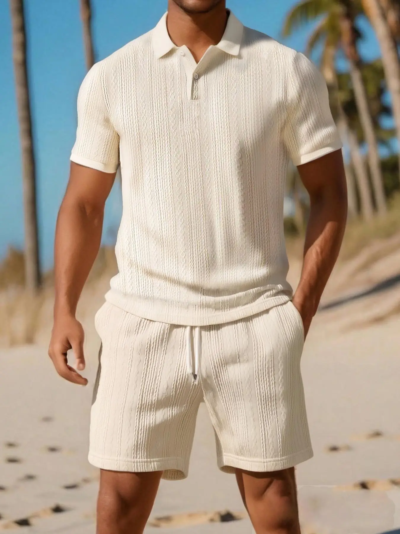 Two-piece Set Men's Solid Jacquard Short Sleeve Polo Shirt & Shorts ...