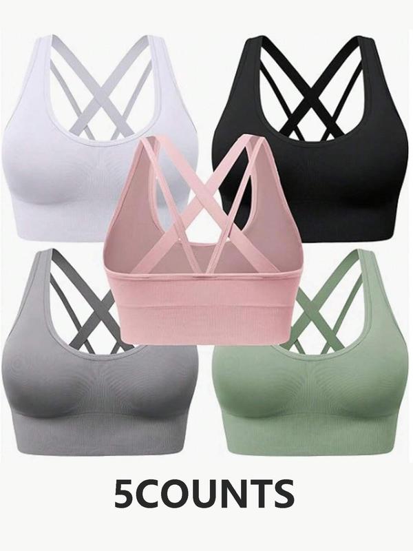 Women's Solid Criss Cross Sports Bra, Breathable Comfortable Sports Bra ...