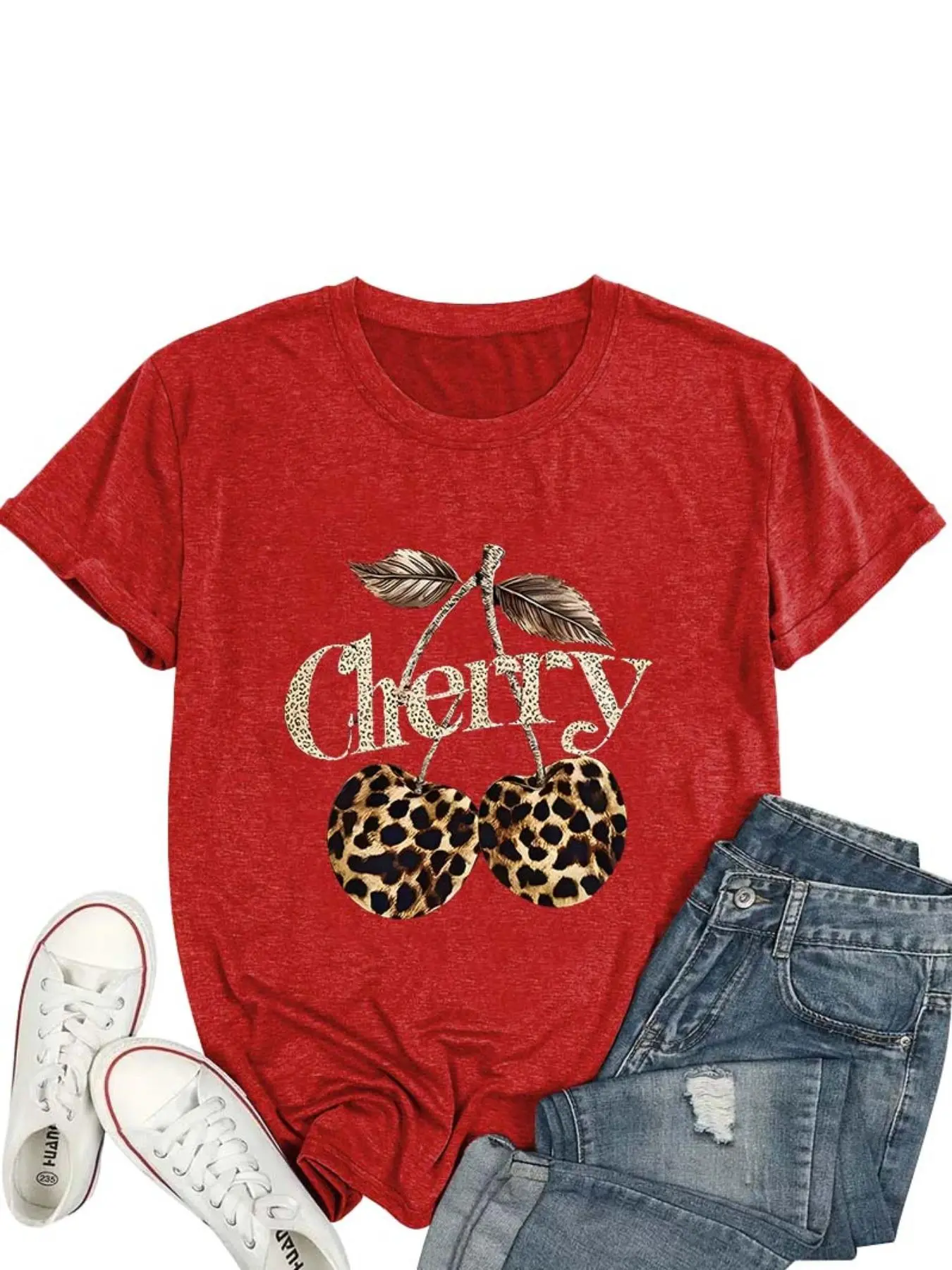 【Plus Size】 Cherry & Leopard Print Round Neck Tee, Casual Short Sleeve ...