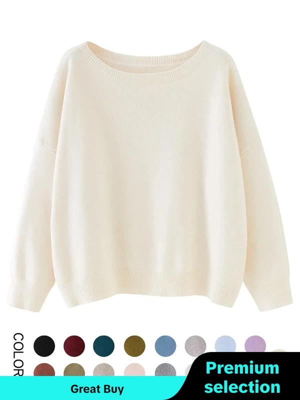 Women's Plain Scoop Neck Sweater, Casual Drop Shoulder Long Sleeve ...