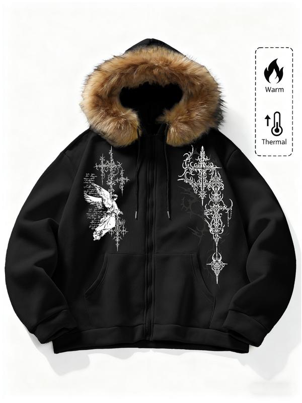 查看[Unisex Y2K Gothic Angel Print Hooded Jacket, Fleece Lined, Zipper ...