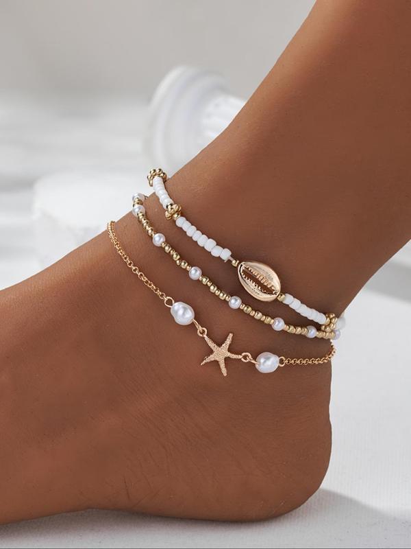 Women's Boho Style Starfish & Shell Decor Anklet, Fashionable Beaded ...