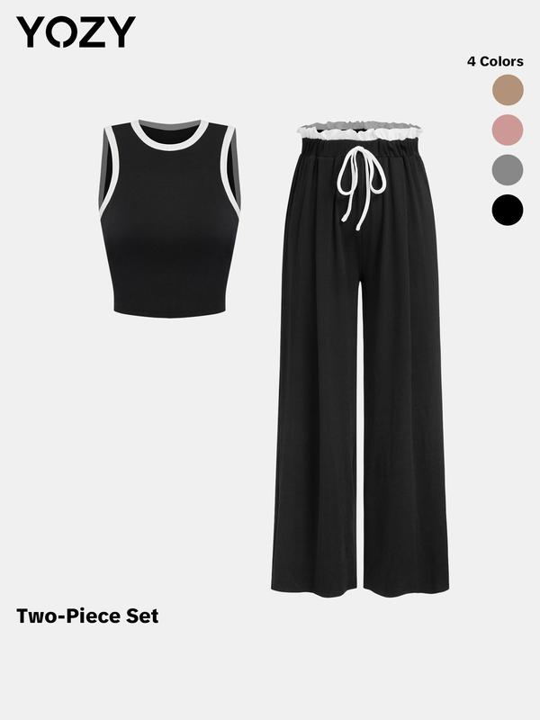 YOZY Two-piece Set Women's Contrast Binding Crop Tank Top & Wide Leg ...