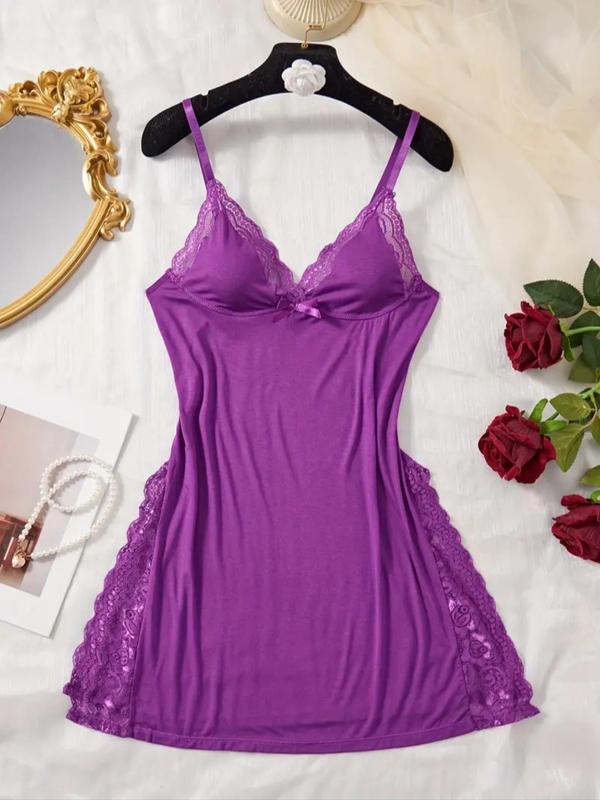 Women's Contrast Lace Bow Front Split Backless Cami Nightdress ...