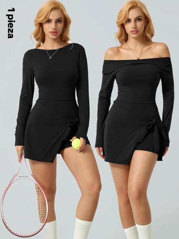 Sporty Women's Plain 2-in-1 Tie Front Split Hem Sports Dress, Sport ...