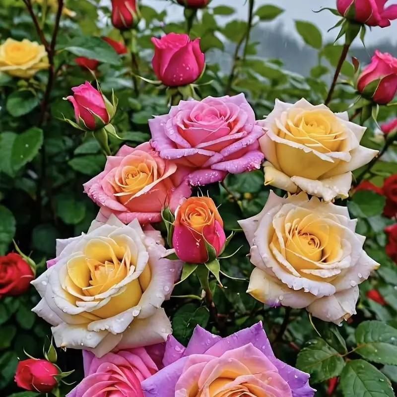 Heirloom rose old tree stumps, multiplevarieties, with bright and ...