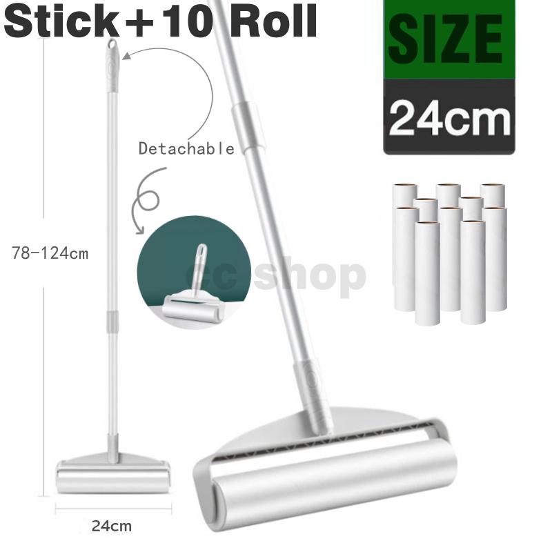 Stick+10 Roll 【24CM】Sticky Lint Roller Detachable Rod Floor Lint Roller ...