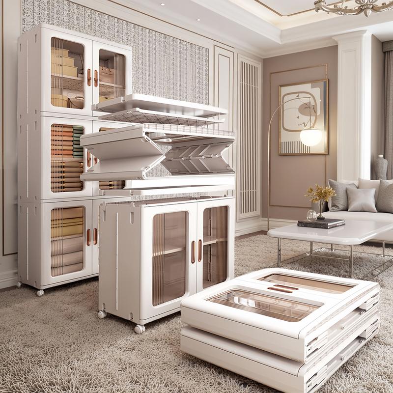 查看[1/2/3-Tier Foldable Plastic Storage Cabinet with Doors & Wheels ...