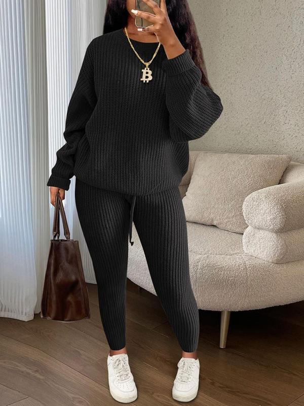 Women's Solid Drop Shoulder Long Sleeve Sweater & Drawstring Waist ...