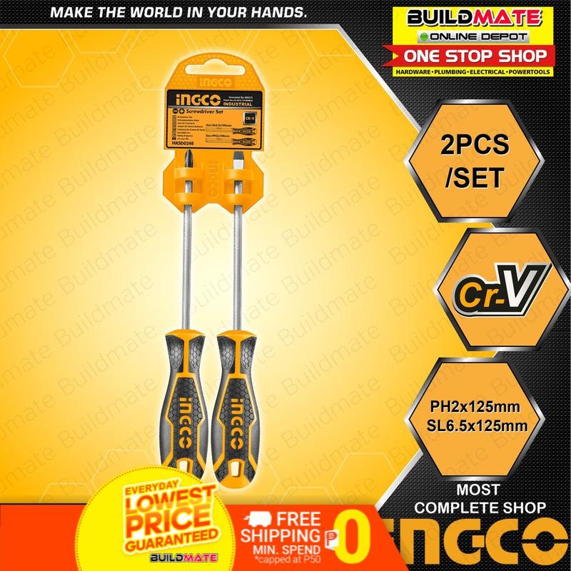 BUILDMATE Ingco 2pcs Screwdriver Set Cr-V Slotted Flat / Phillips Cross ...