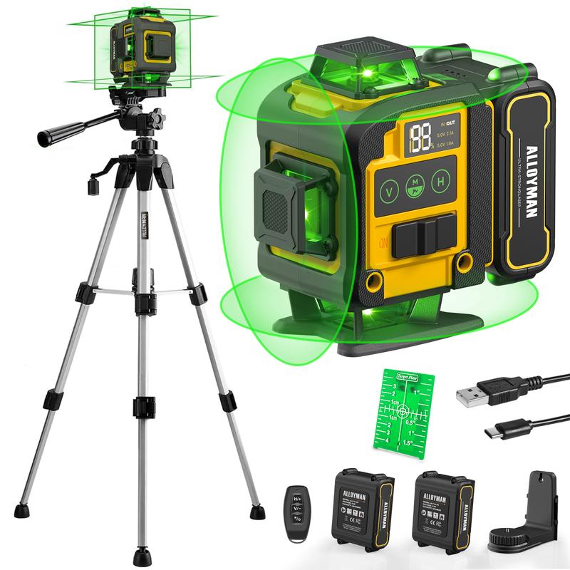 Alloyman Laser Level with Tripod,Alloyman 4x360° Self Leveling Laser Level,Green Line Laser 4D ...