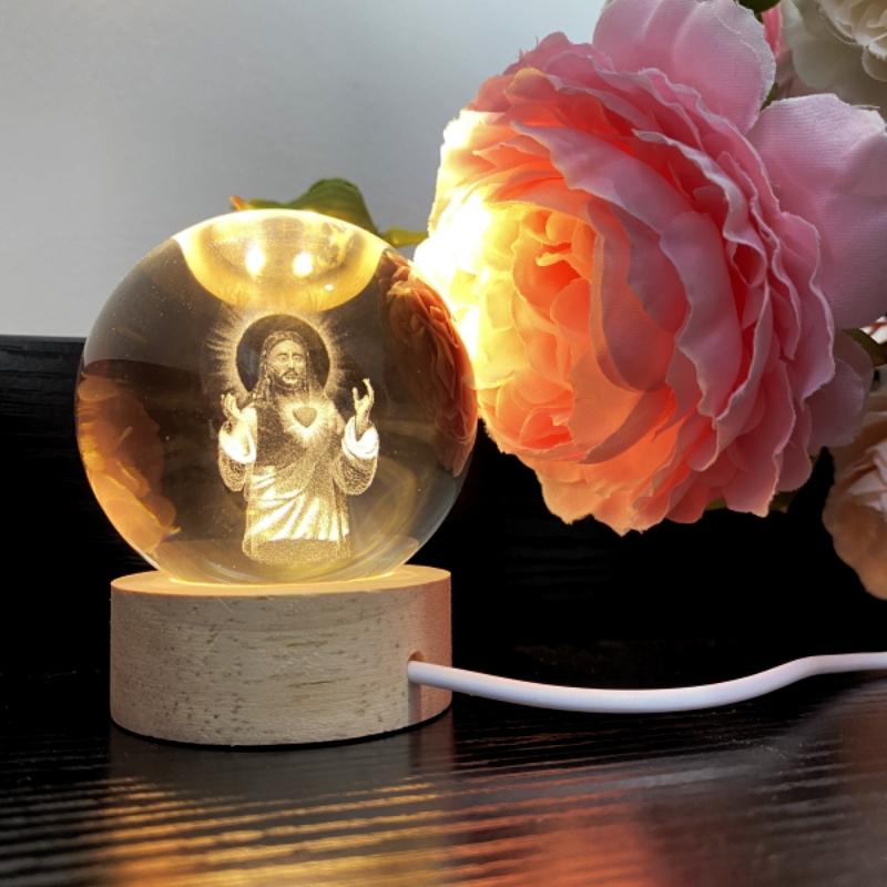 Crystal Ball Jesus Figurine Wooden Frame Base Glass Ball Figurine ...