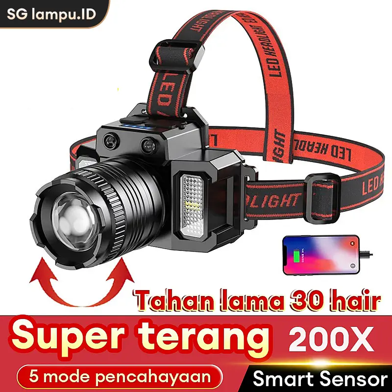 【Garansi 10 tahun】Lampu Kepala LED Tahan Air senter kepala F-T55 Induksi Sensor Gerak Zoom ...