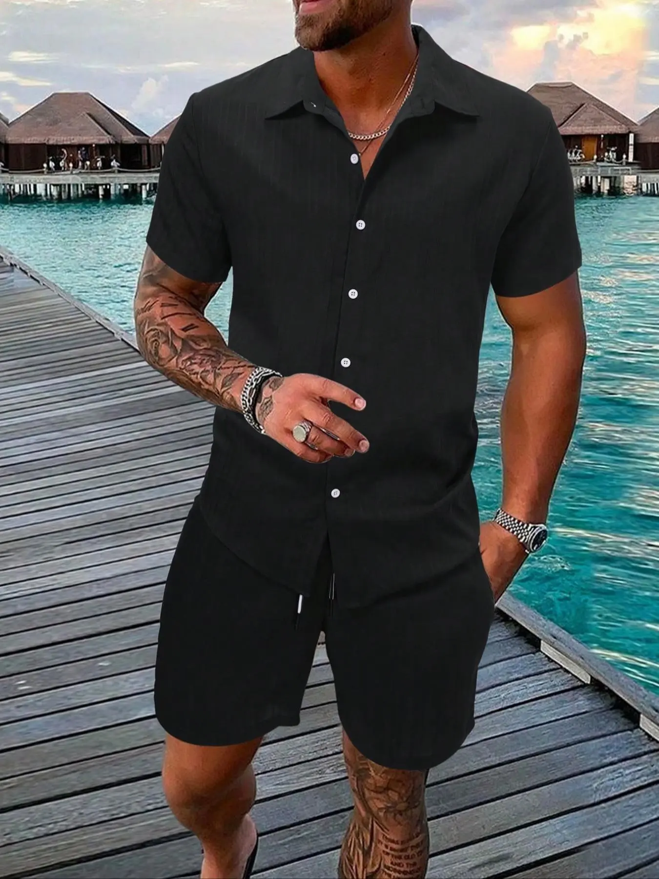 Two-piece Set Men's Regular Fit Solid Textured Short Sleeve Shirt ...