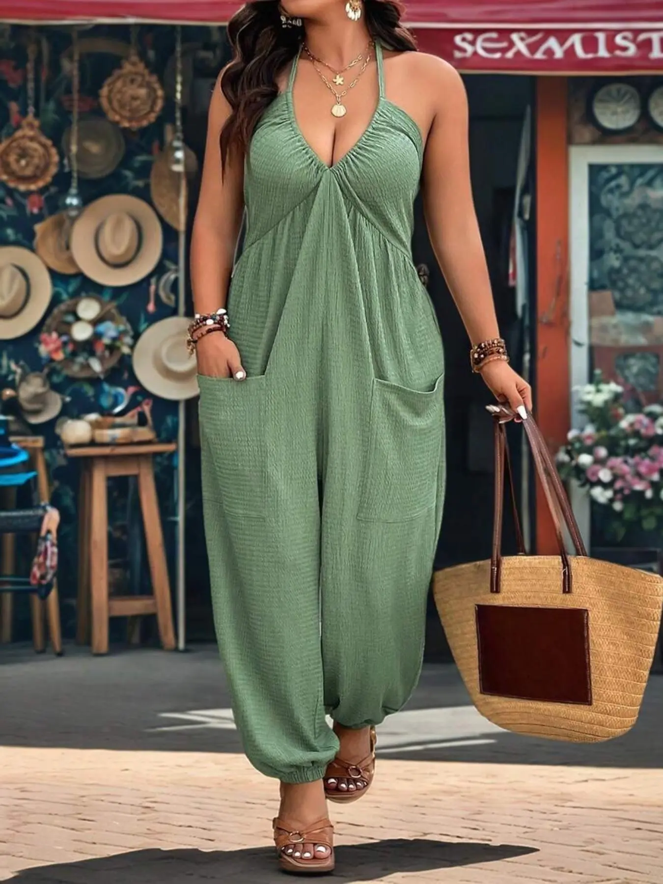 【Plus Size】 Solid Color Pocket Jumpsuit, Casual Minimalist Sleeveless Jumpsuit for Daily Wear ...