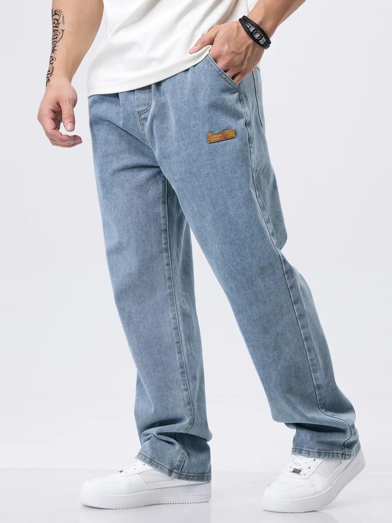 Men's Regular Fit Patched Drawstring Waist Jeans, Casual Comfy Denim ...