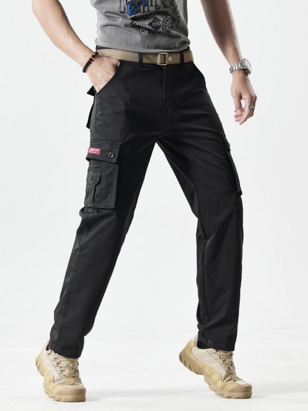 Men's Solid Color Patched Zipper Fly Cargo Pants, Regular Fit Casual ...