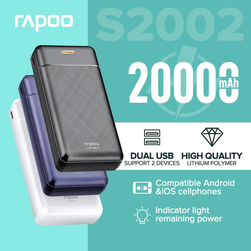 Rapoo S2002/S2002X 20000mAh Lithium Polymer LED Indicator High Quality Fast Charging Dual Output ...