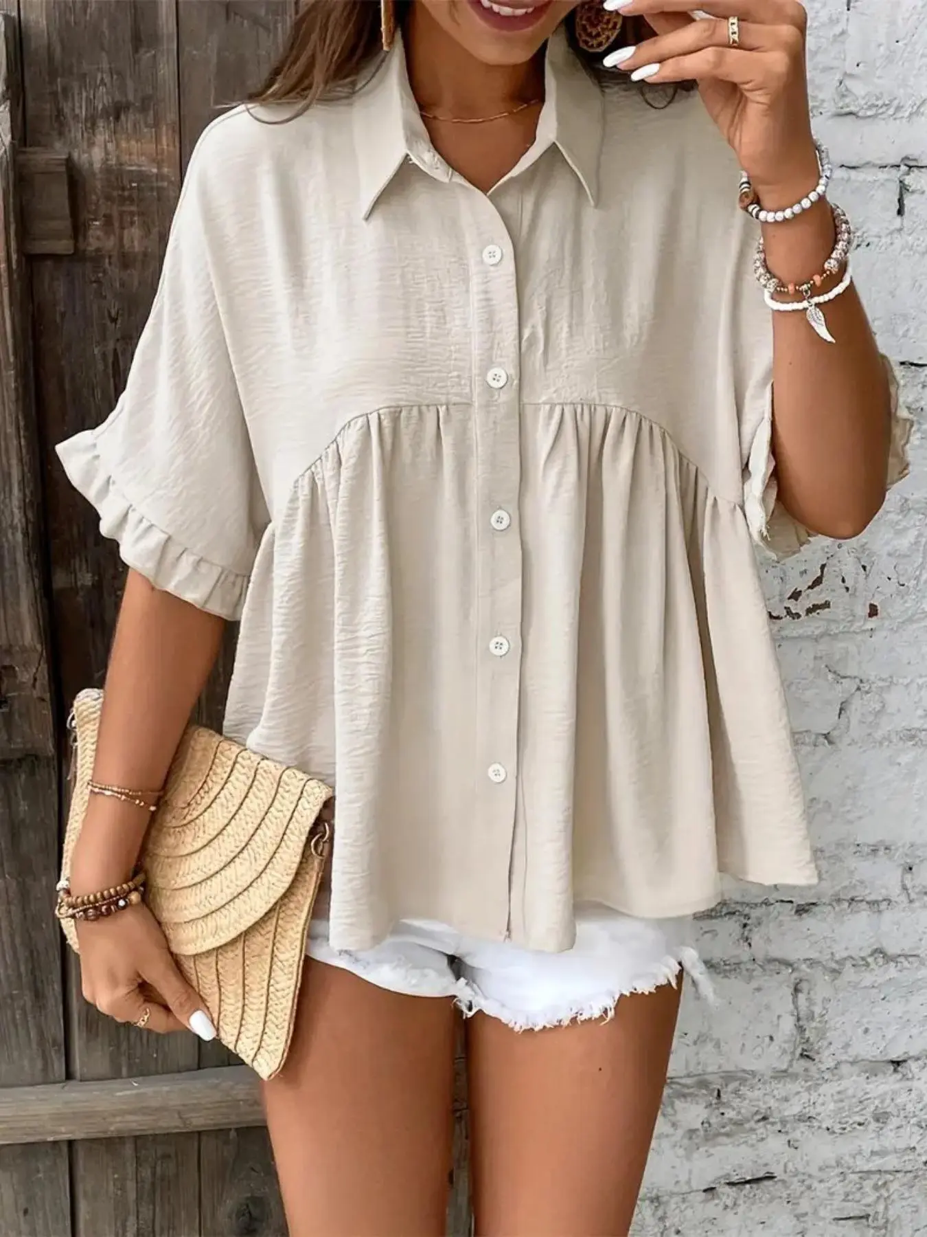 【Plus Size】 Solid Color Shirt, Casual Collared Top for Daily Wear, Women's Plus Clothing for All ...