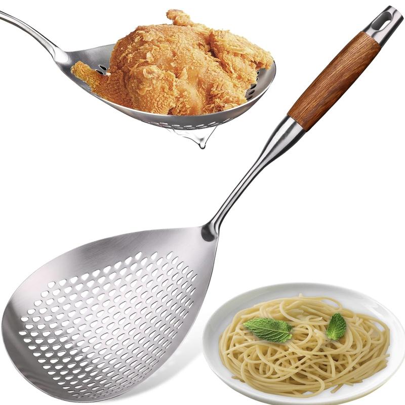 查看[Large Slotted Spoon with Long Wooden Handle,Deep Frying Scoop with ...