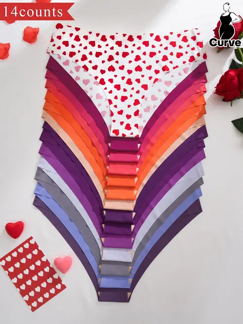 【Plus Size】 Heart Print Panty, Soft Comfy Breathable Seamless Knicker ...