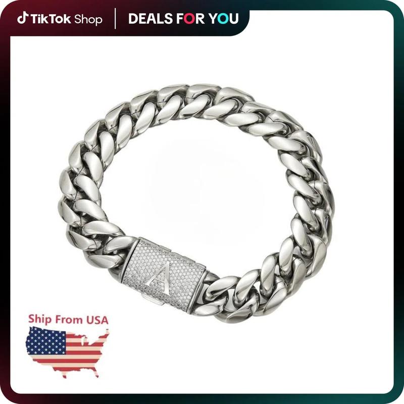 查看[Chunky Silver Cuban Link Bracelet with Diamond-Cut Letters | 14mm ...
