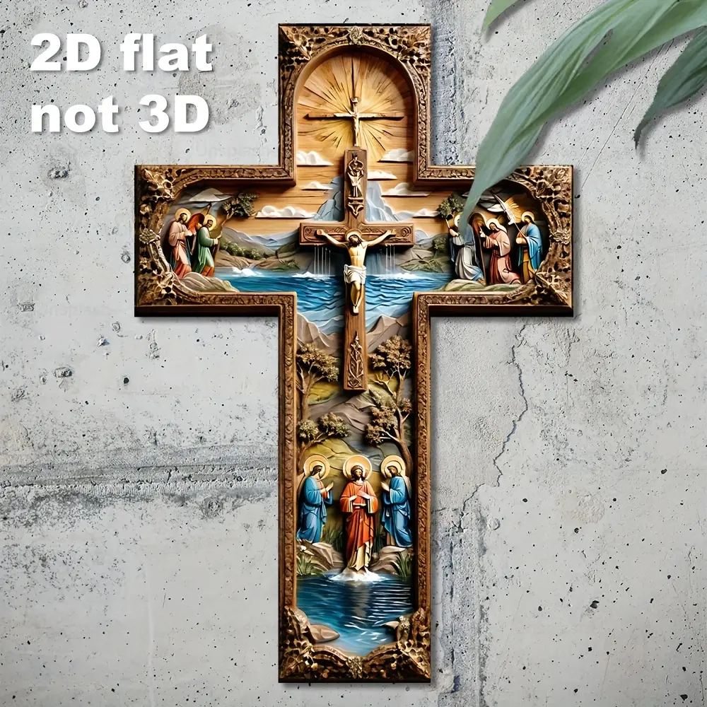 查看[Retro wooden wall cross - 2D flat religious art with colored glass ...