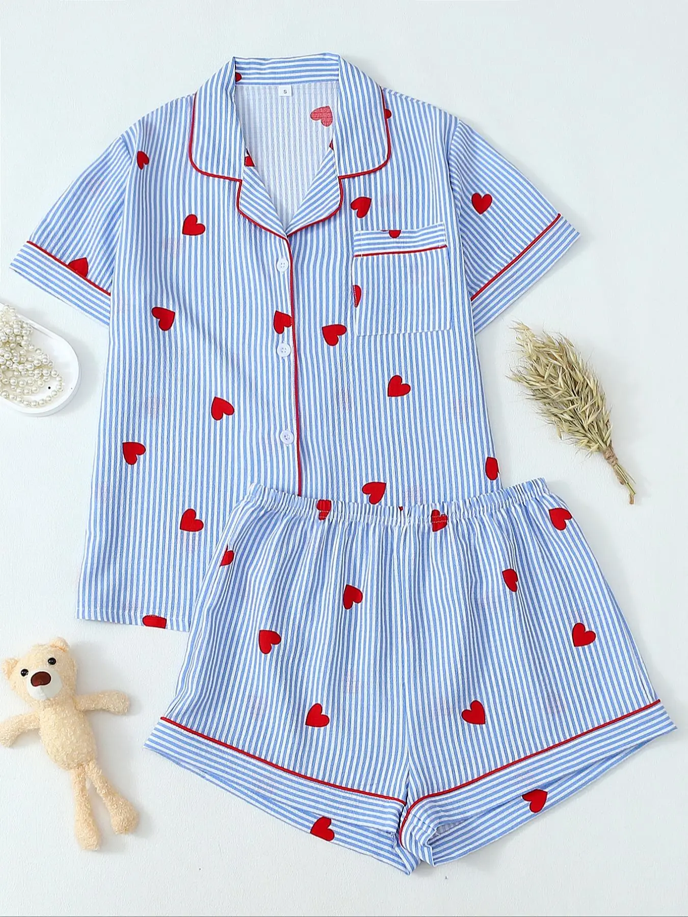 Women's Heart Print Short Sleeve Shirt & Shorts Pyjama, Cute Comfy Pj ...